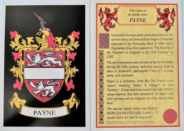 Family Coat of Arms Postcard - Payne – Personal Times